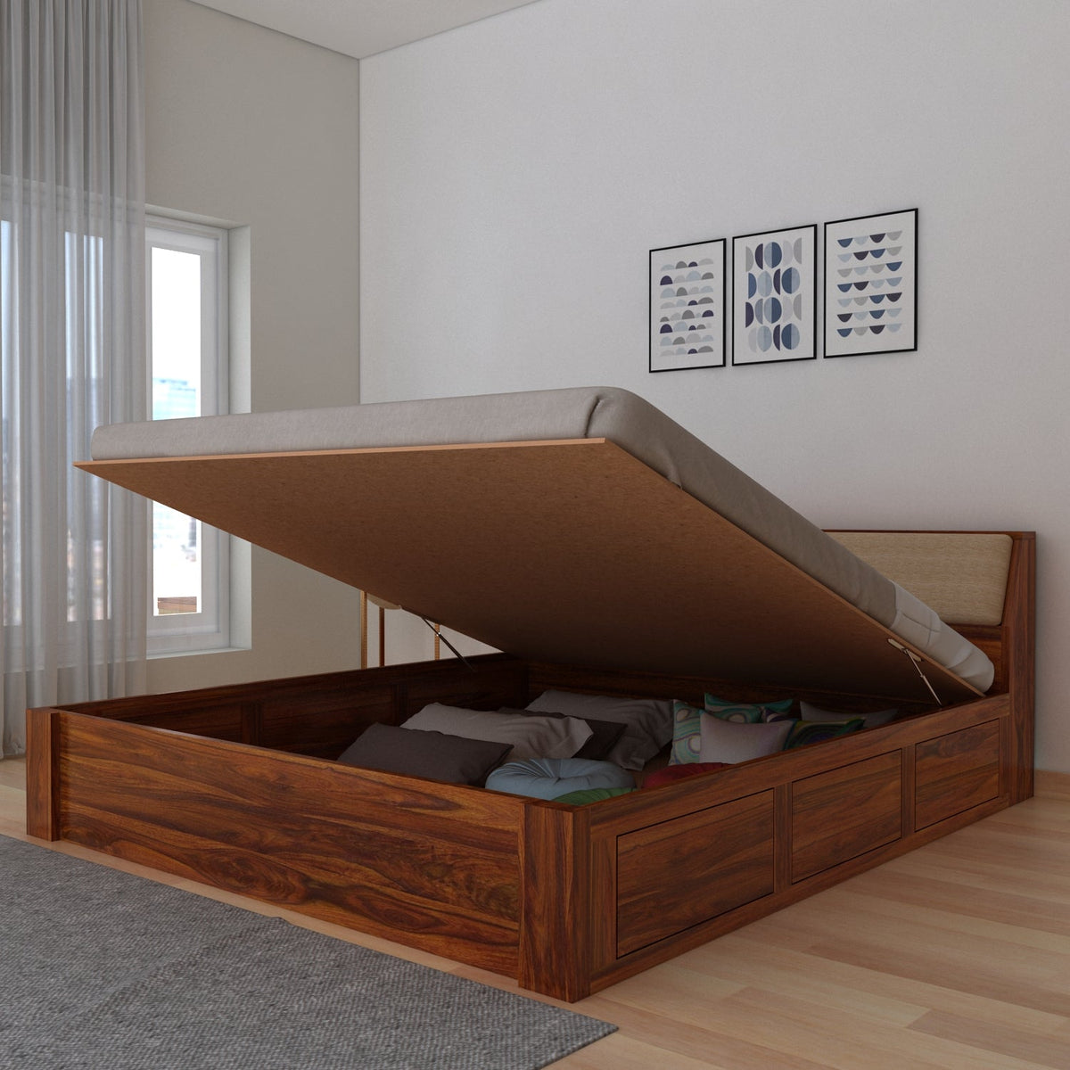 Mayor Hydraulic Storage Bed with Box Storage in Solid Sheesham Wood ...
