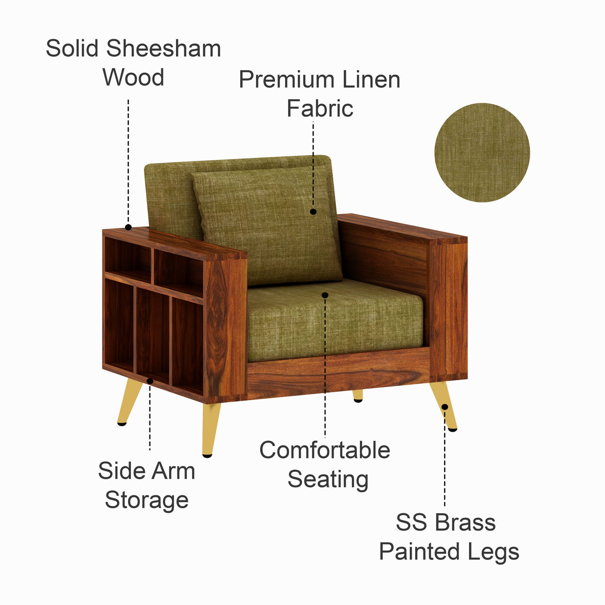 Bolt Solid Sheesham Wood Single Seater Sofa With Side Storage - 3 Year ...