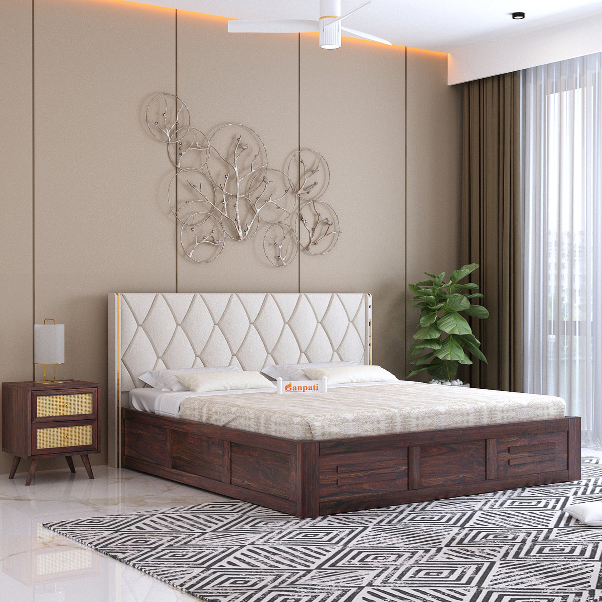 Swiss Solid Sheesham Wood Bed With Box Storage & Eifle Style Upholster ...