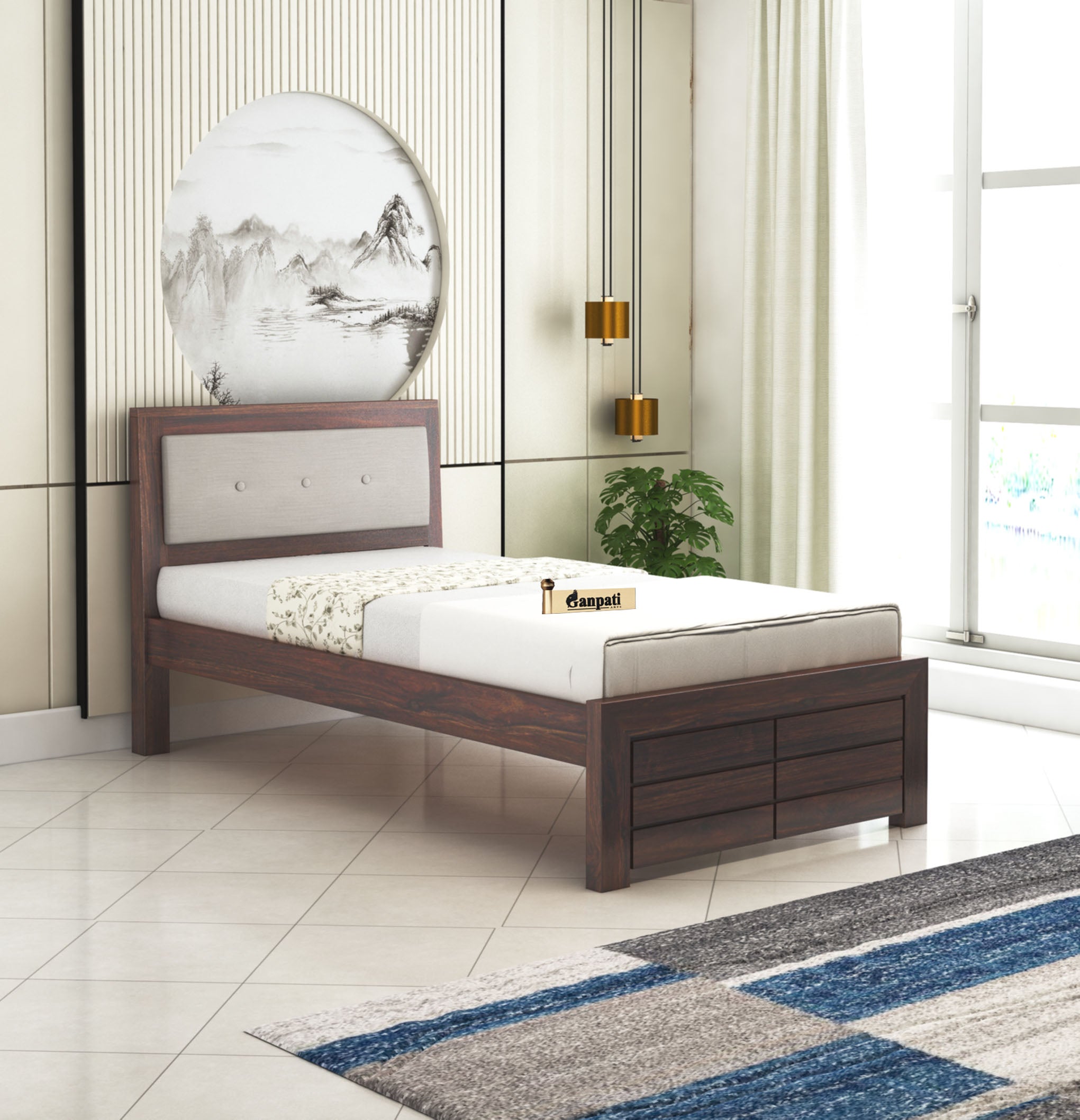 EURO Solid Sheesham Wood Single Bed With Upholstered Headboard 1 Year Warranty