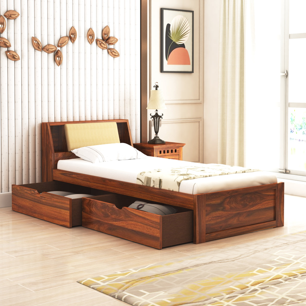 Mayor Solid Sheesham Wood Single Bed With Headboard and Drawer Storage ...