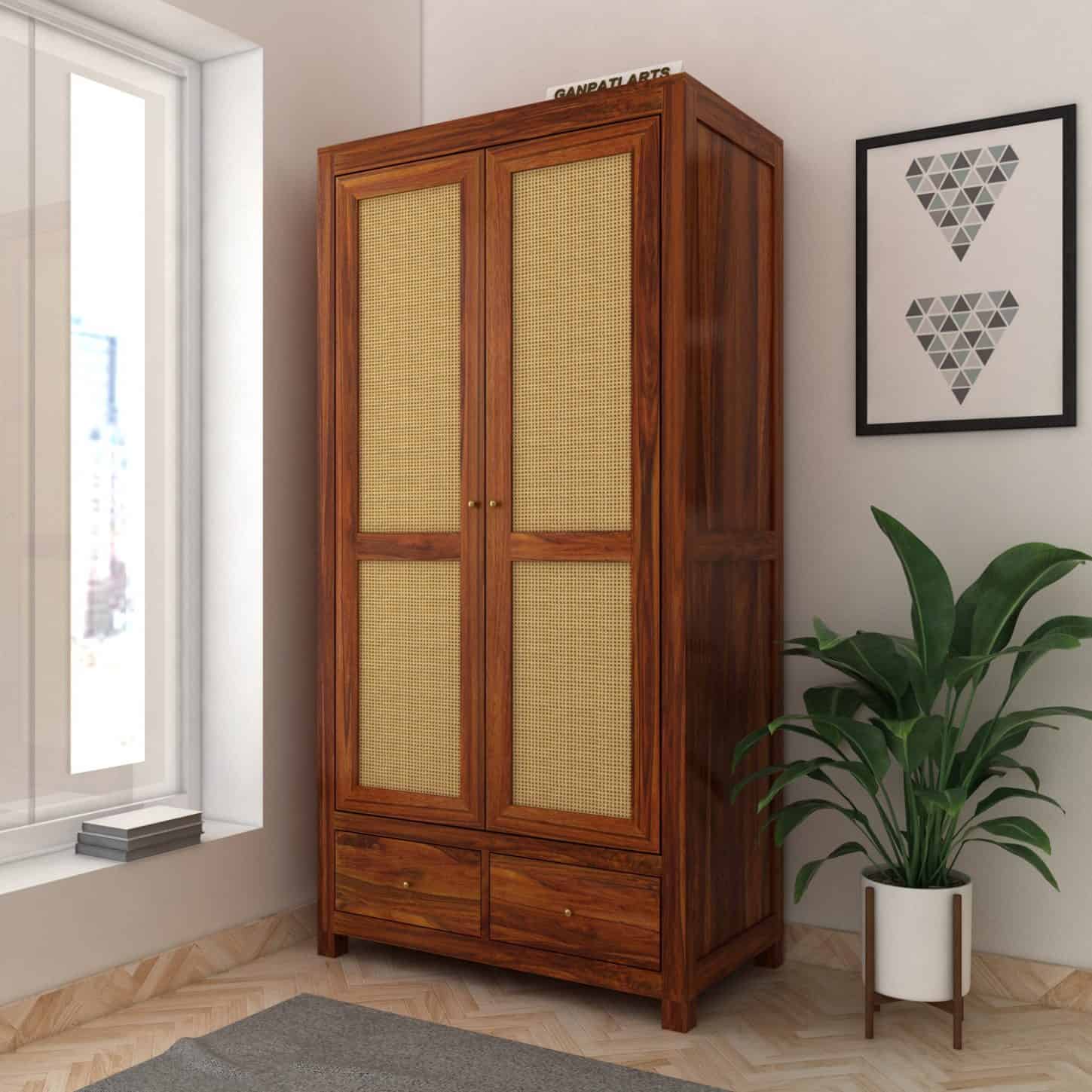 Syrus Two Door Solid Sheesham Wood Wardrobe Cane Ganpati Arts